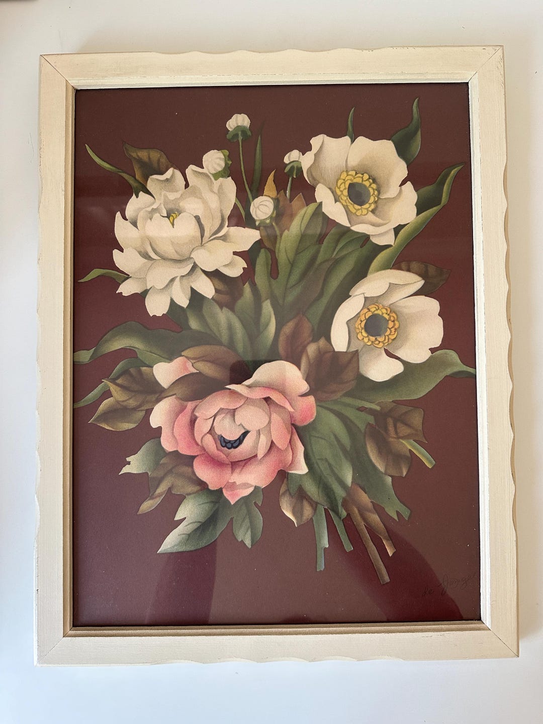 Vintage Red Floral Artwork, Cream Vintage Framed Artwork, Vintage Print ...