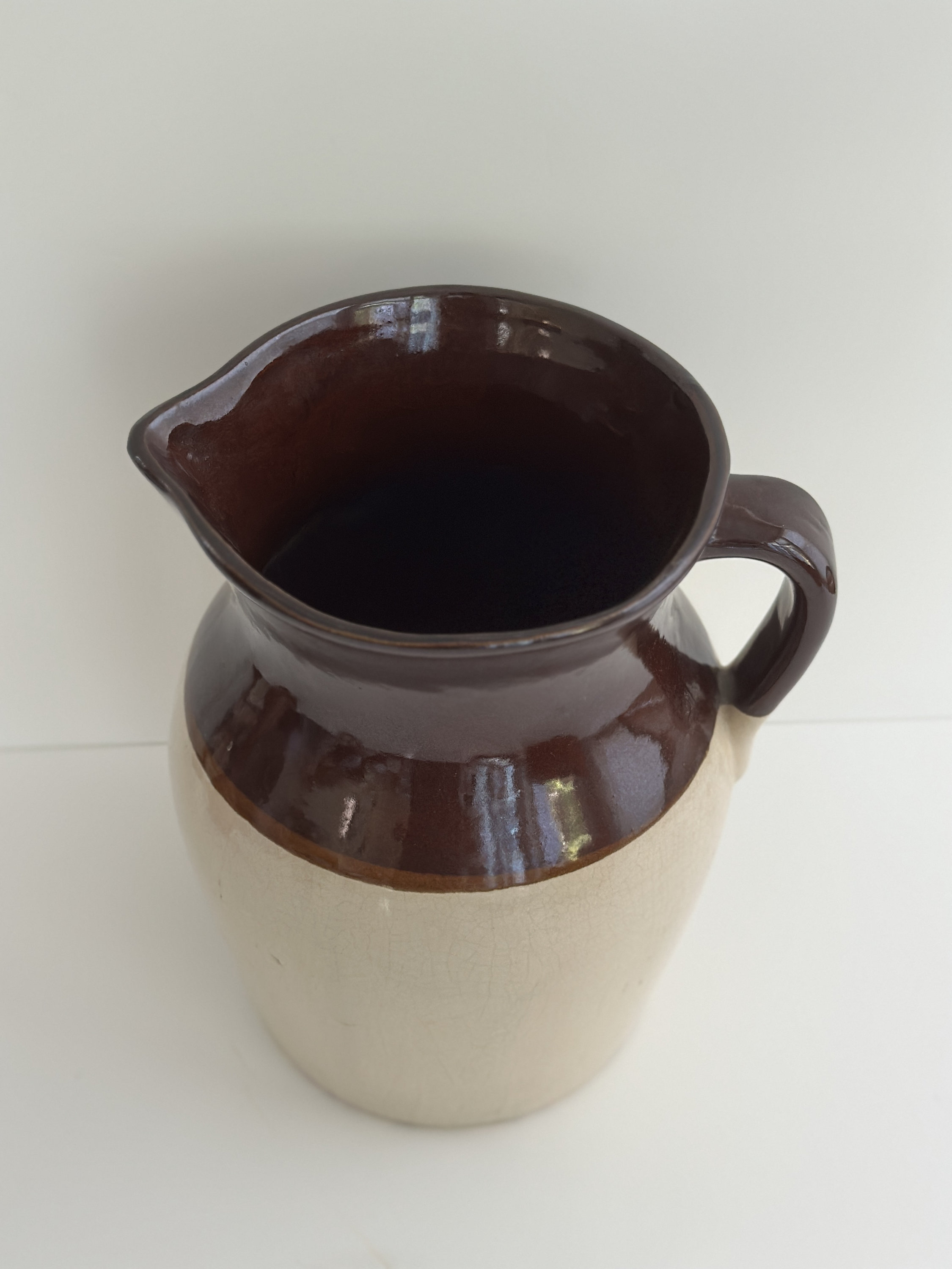 Vintage Brown Dipped Stoneware Pitcher, Beige & Brown Pottery Pitcher ...
