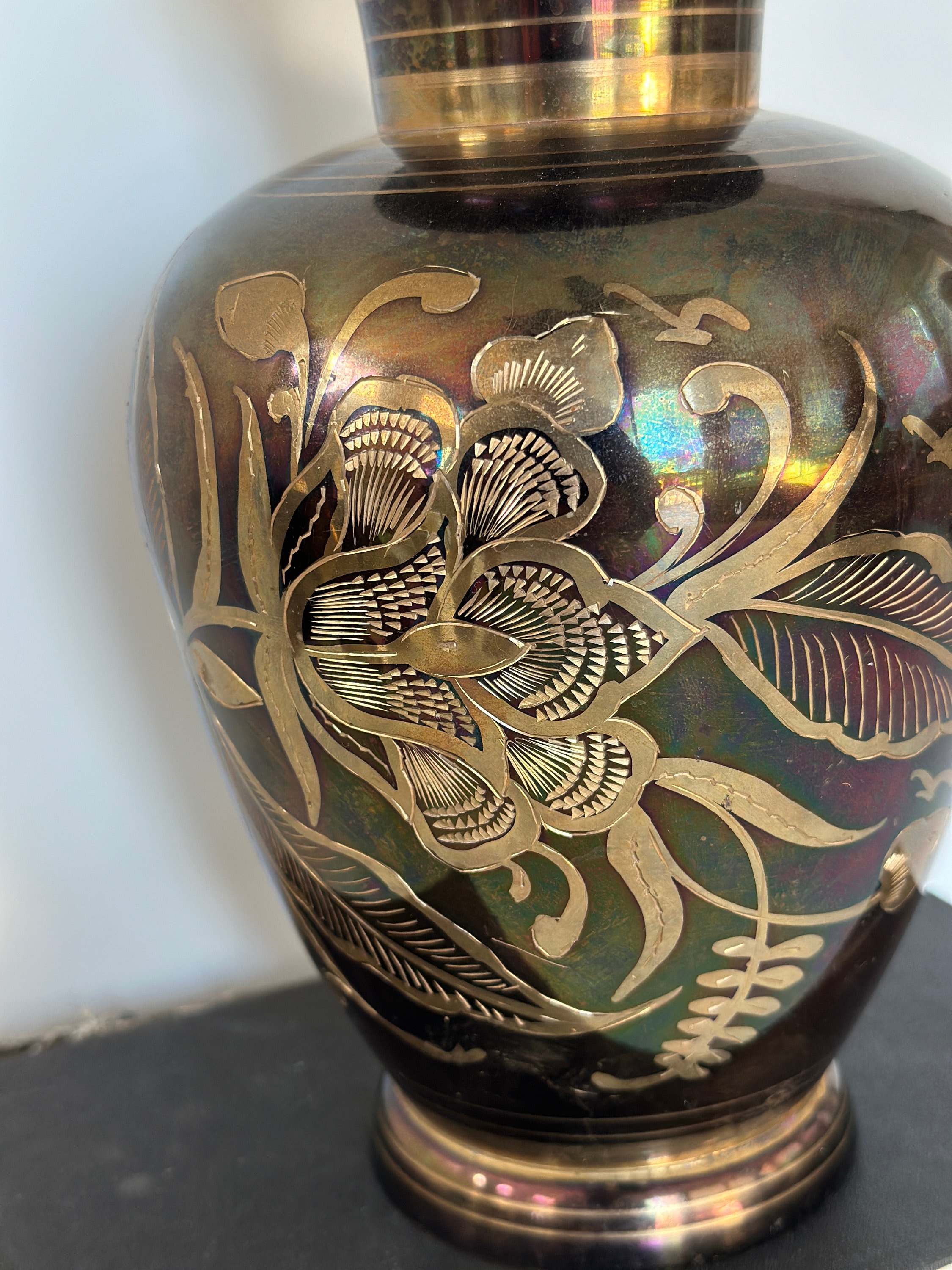 Vintage Etched Brass Vase, Antique Brass Vase, Etched Flower Vase, Made ...