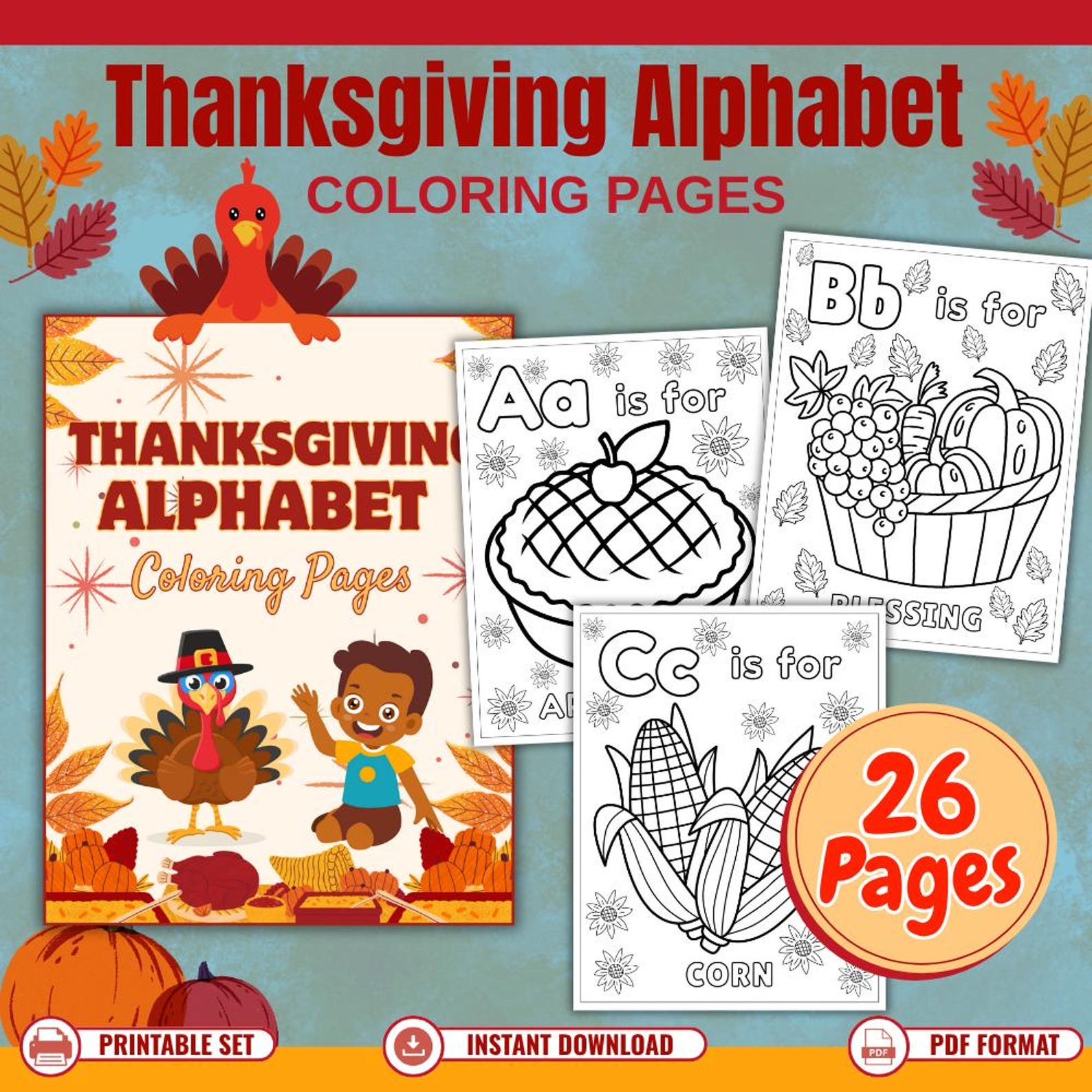 Thanksgiving Alphabet Coloring Pages | Fall Letter Activity (PDF) - Etsy