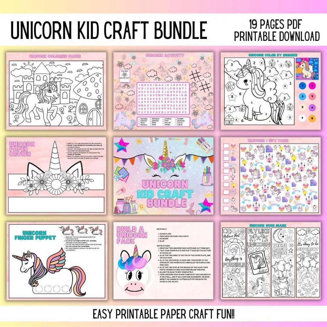 Unicorn Kid Craft Bundle With Coloring Pages Activities Bookmarks Party ...