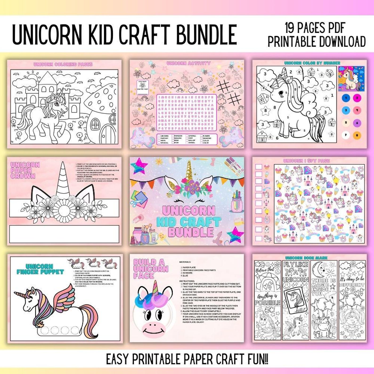 Unicorn Kid Craft Bundle With Coloring Pages Activities Bookmarks Party ...