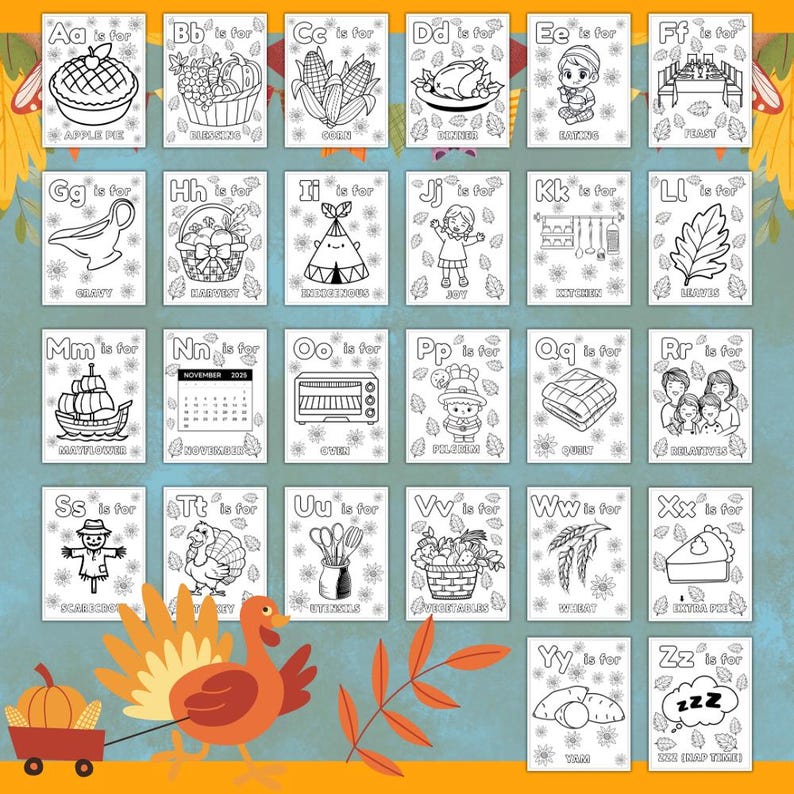 Thanksgiving Alphabet Coloring Pages | Fall Letter Activity (PDF) - Etsy