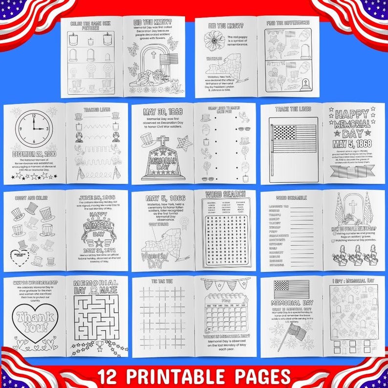 Memorial Day Print Your Own Coloring Book for Kids 12 Pages Includes ...