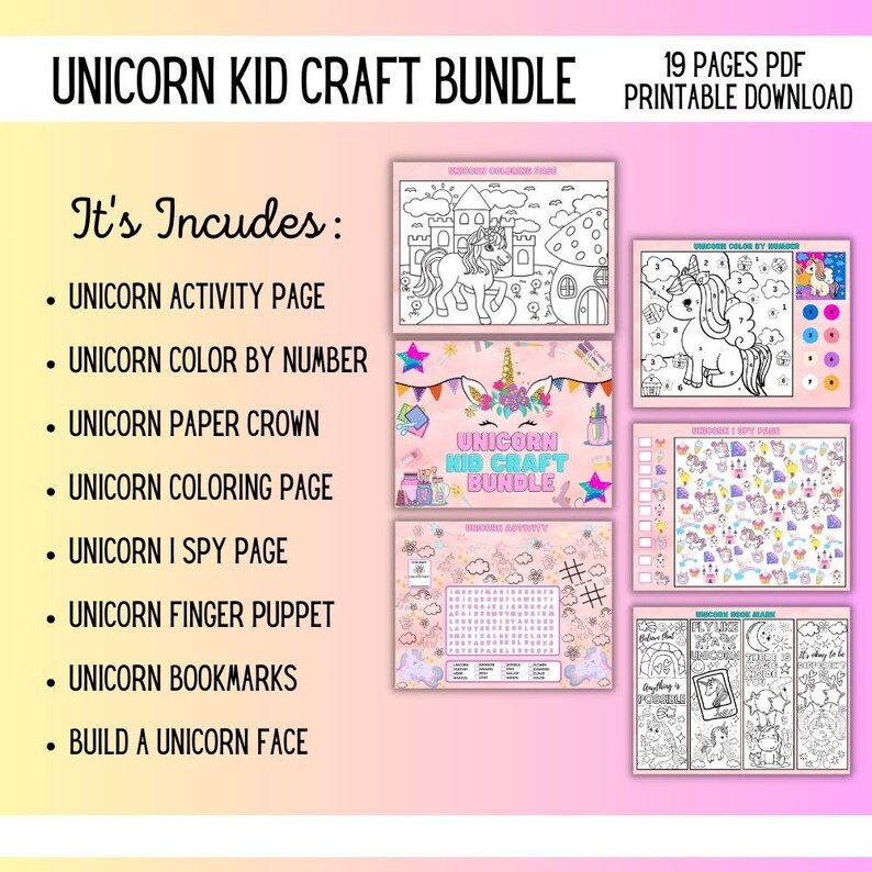Unicorn Kid Craft Bundle With Coloring Pages Activities Bookmarks Party ...