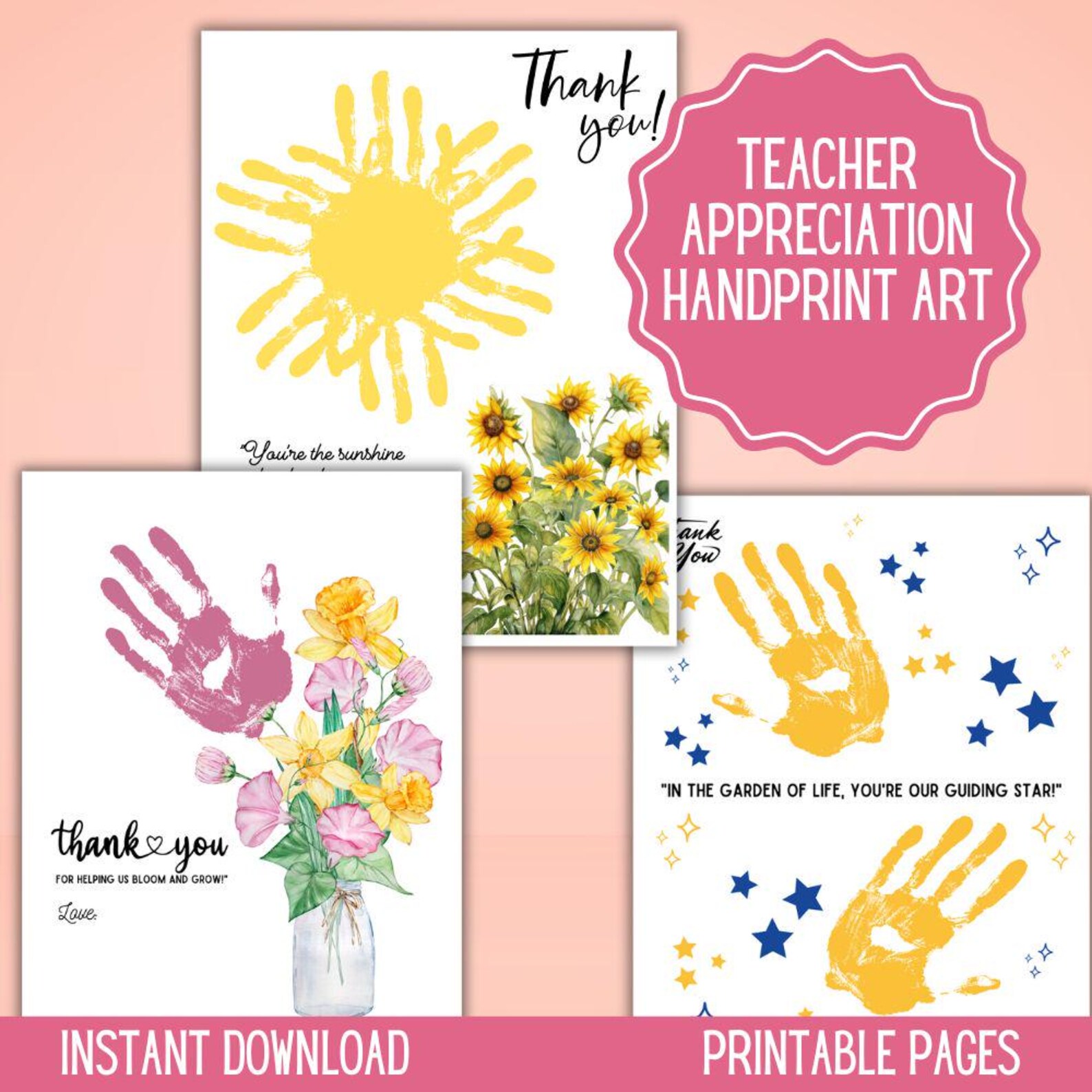 Teacher Appreciation Hand Print Art Set of 3 Printable PDF DIY Teacher ...