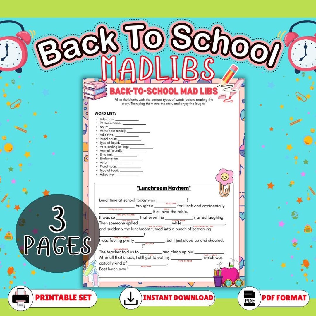 Set of 3 Back to School Madlibs Printable Fun First Day of School ...