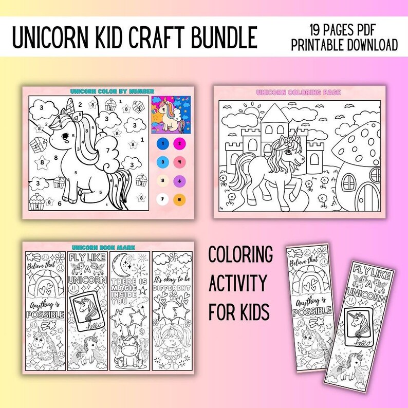 Unicorn Kid Craft Bundle With Coloring Pages Activities Bookmarks Party ...