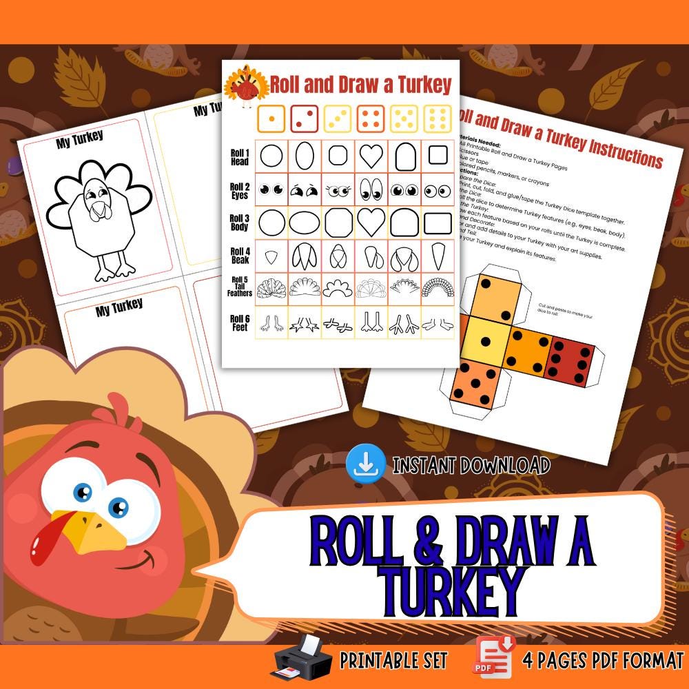 Roll and Draw a Turkey Game Printable Thanksgiving Activity for Kids ...