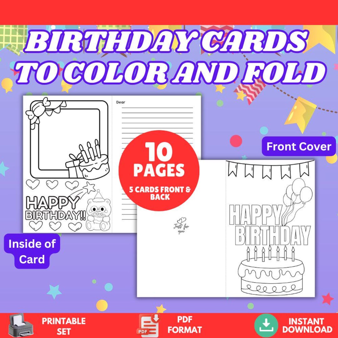 Birthday Cards to Color and Fold Printable Set of 5 Birthday Card ...