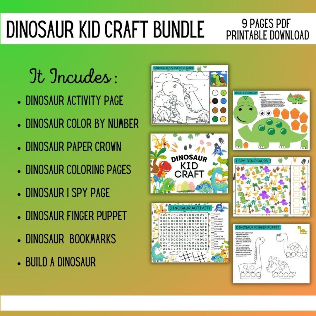Dinosaur Kid Party Activity Bundle 9 Pages Printable Dinosaur Crafts ...