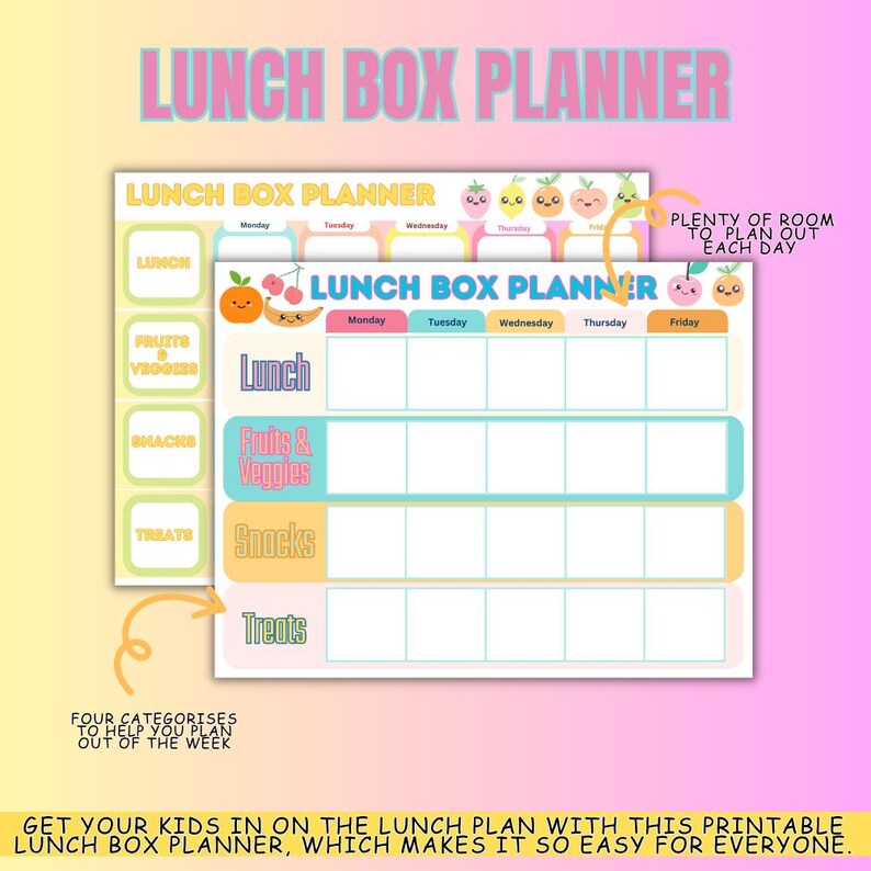 Weekly Lunch Planner Printable for Kids Lunch Family Lunch Adult Meal ...