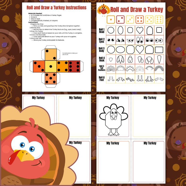 Roll and Draw a Turkey Game Printable Thanksgiving Activity for Kids ...