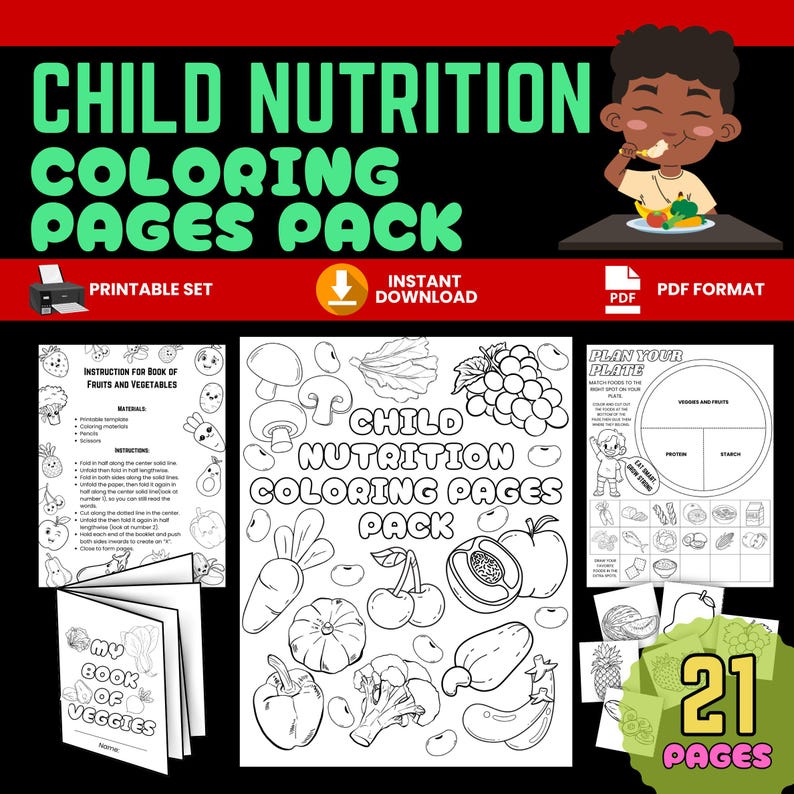 Kids Nutrition Coloring Pages | Healthy Food Activity (PDF Pattern) - Etsy