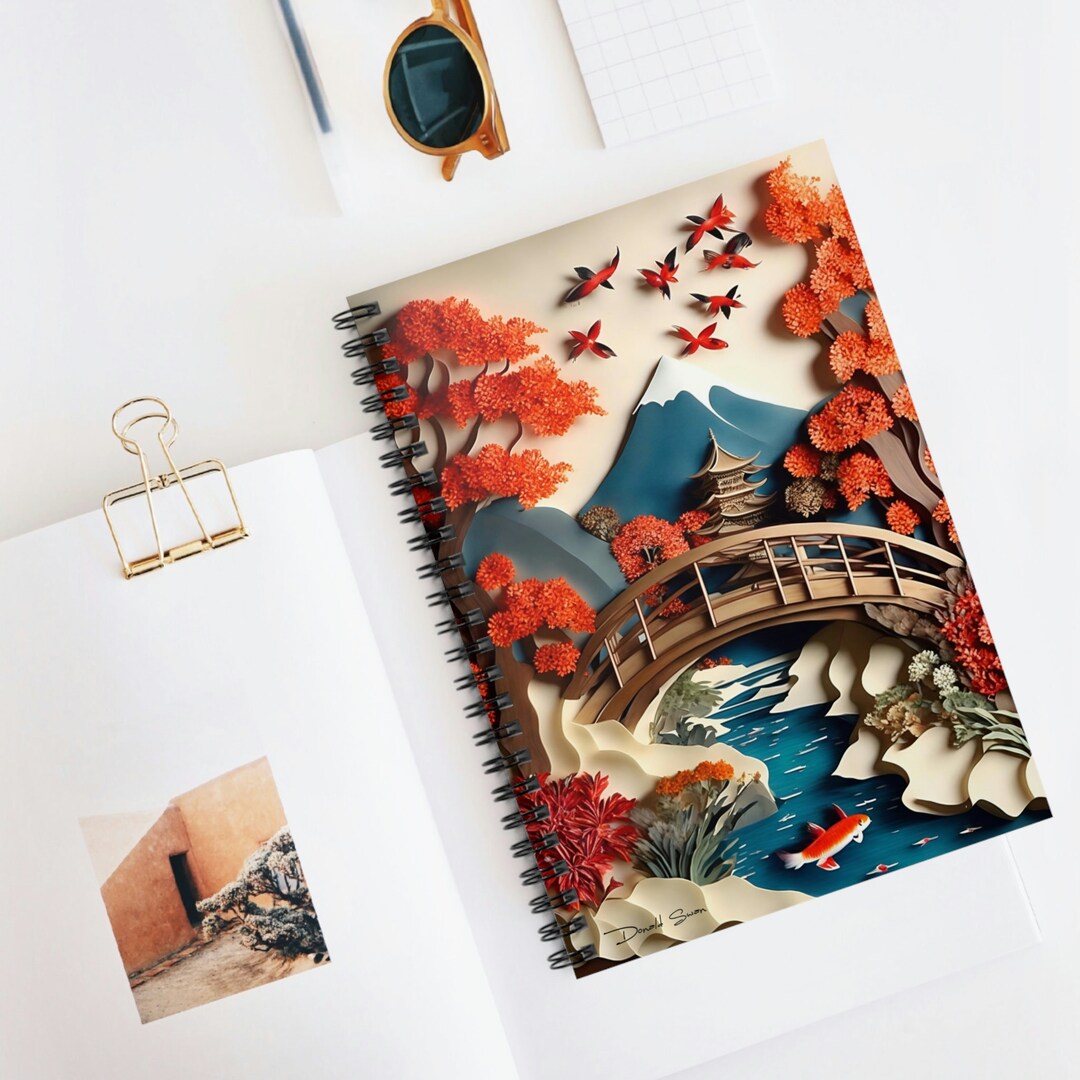 Japanese Paper Art Koi Pond Bridge Spiral Notebook Ruled Line - Etsy