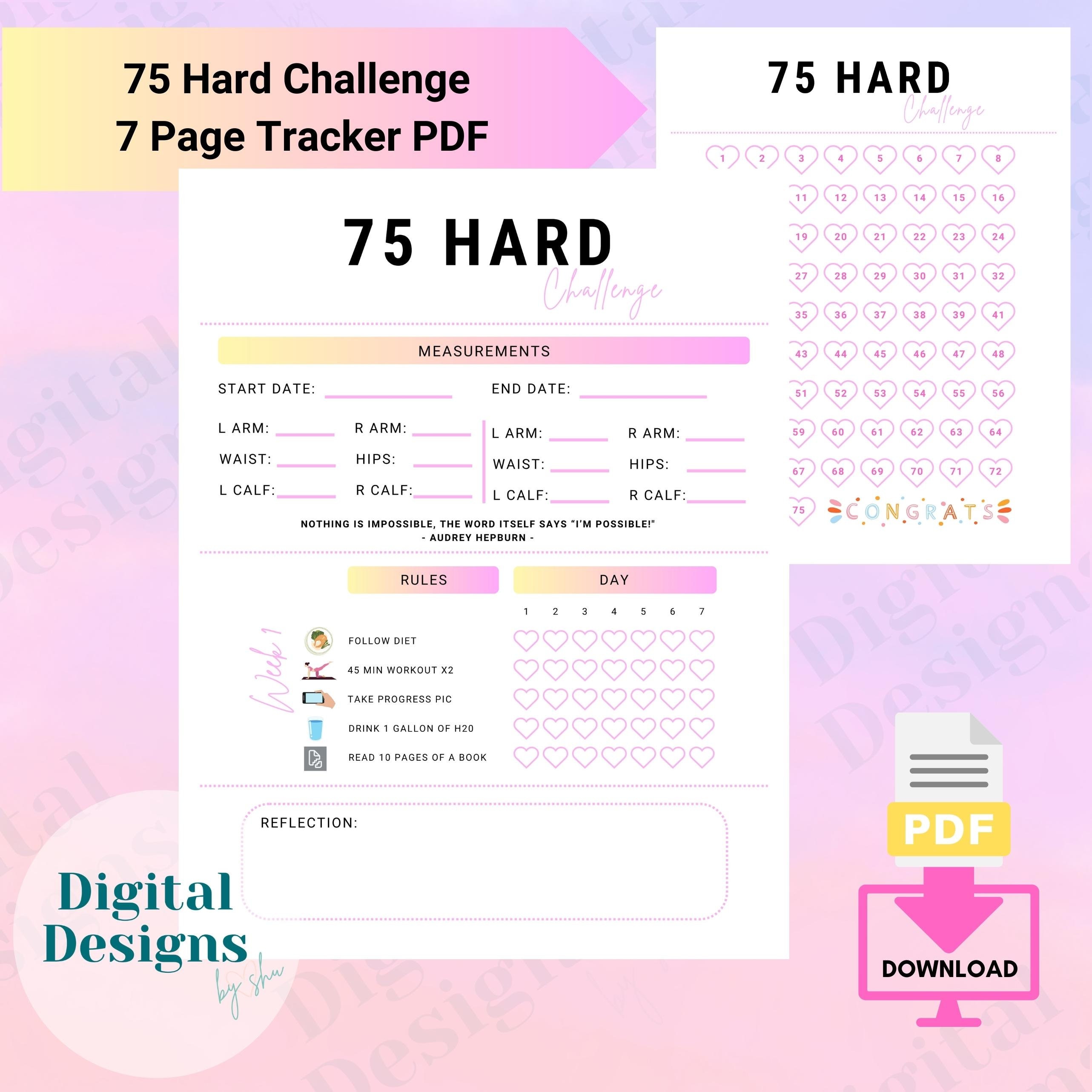 75 Day Printable, 75 Hard Tracker, 75 Challenge Tracker, 75 Hard ...