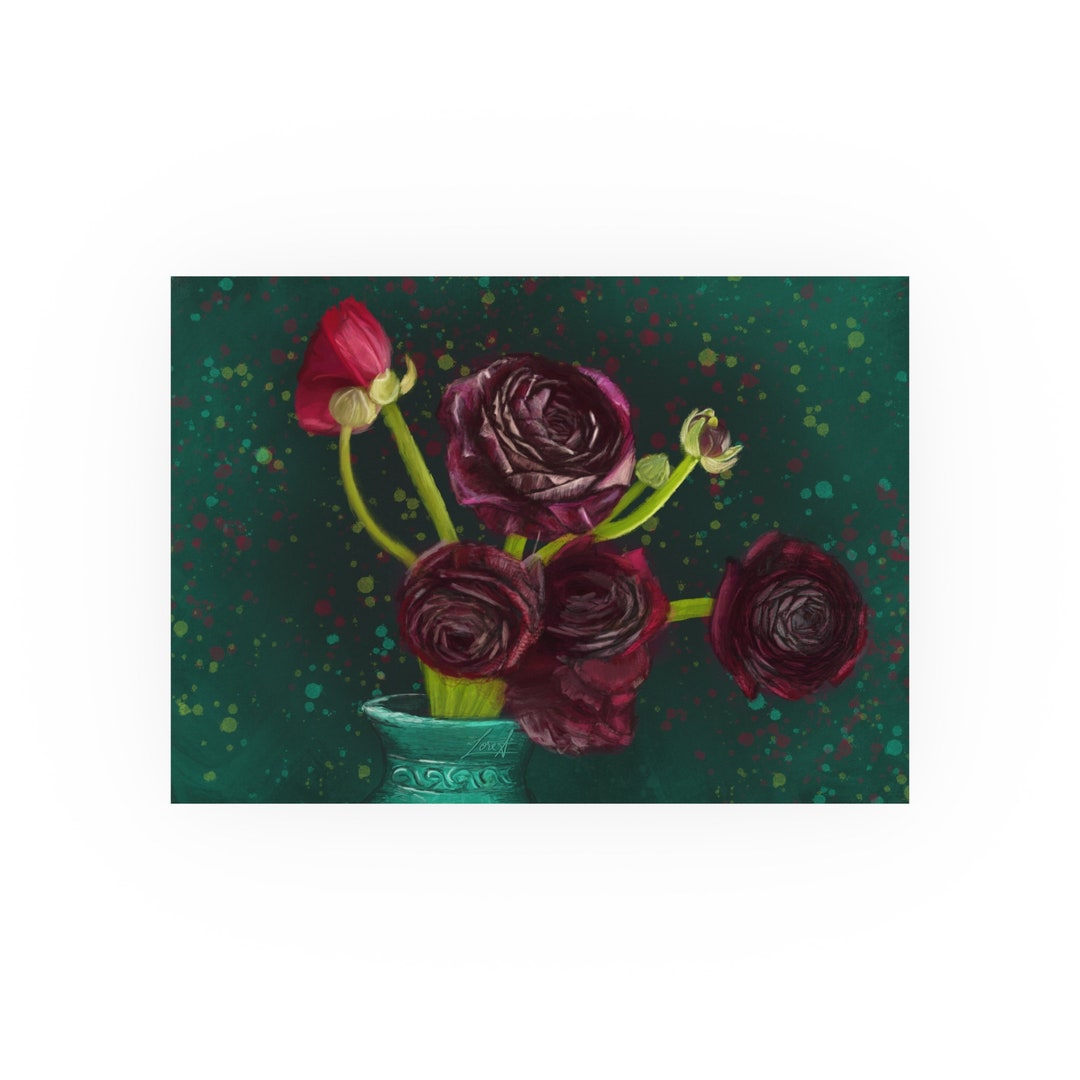 Black Ranunculus in Vase Floral Art, Satin or Archival Matte Poster ...