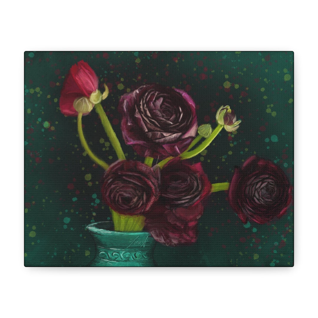 Black Ranunculus in Vase Floral Art Digital Painting, Stretched Matte ...