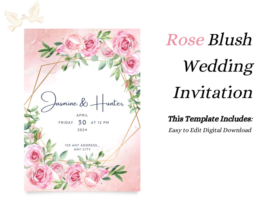 Pink Rose Floral Wedding Invitation Editable Wedding Invites With ...