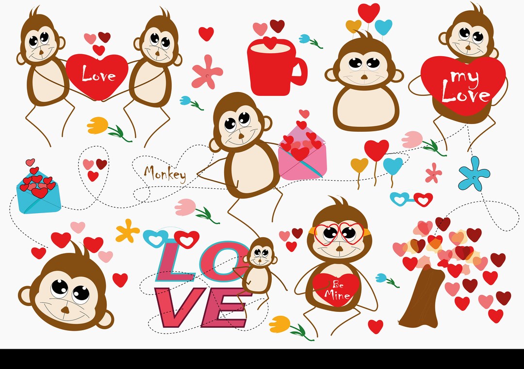 Valentine Clipart, Monkey Art, Valentine Animals Clip Art, Lovely ...