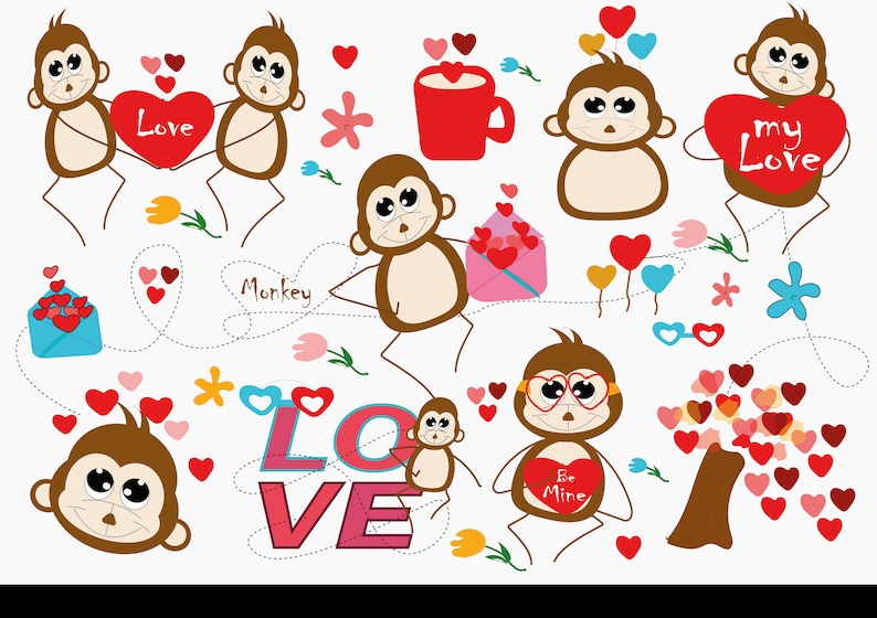 Valentine Clipart, Monkey Art, Valentine Animals Clip Art, Lovely ...