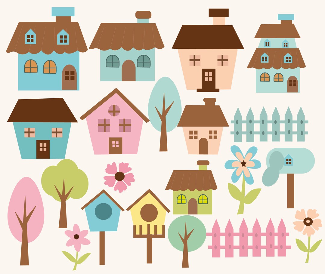 Little Houses Clipart Set,home Clipart,house Clip Art Set,flowers,trees ...