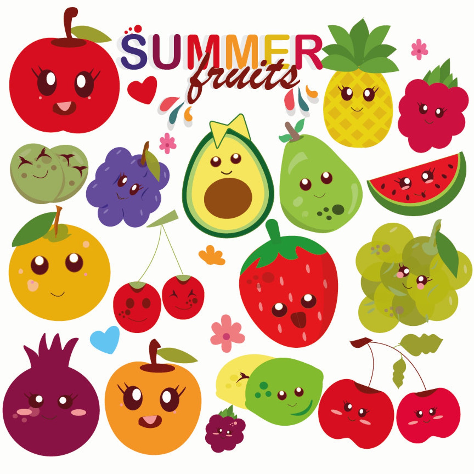 Summer Fruits Clipart, Kawaii Fruit, Watermelon Svg, Assorted Fruits ...