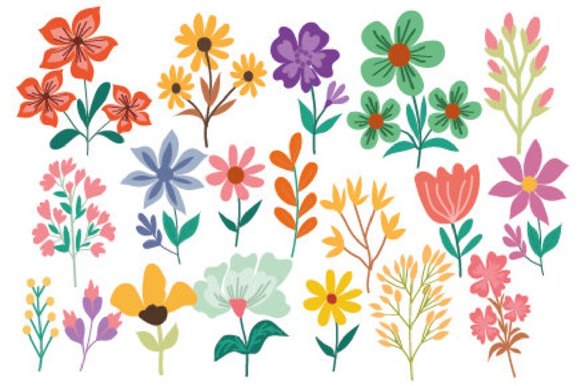 Colorful Floral Clipart Set,flowers Clipart,flowers,leaves,buds,spring ...
