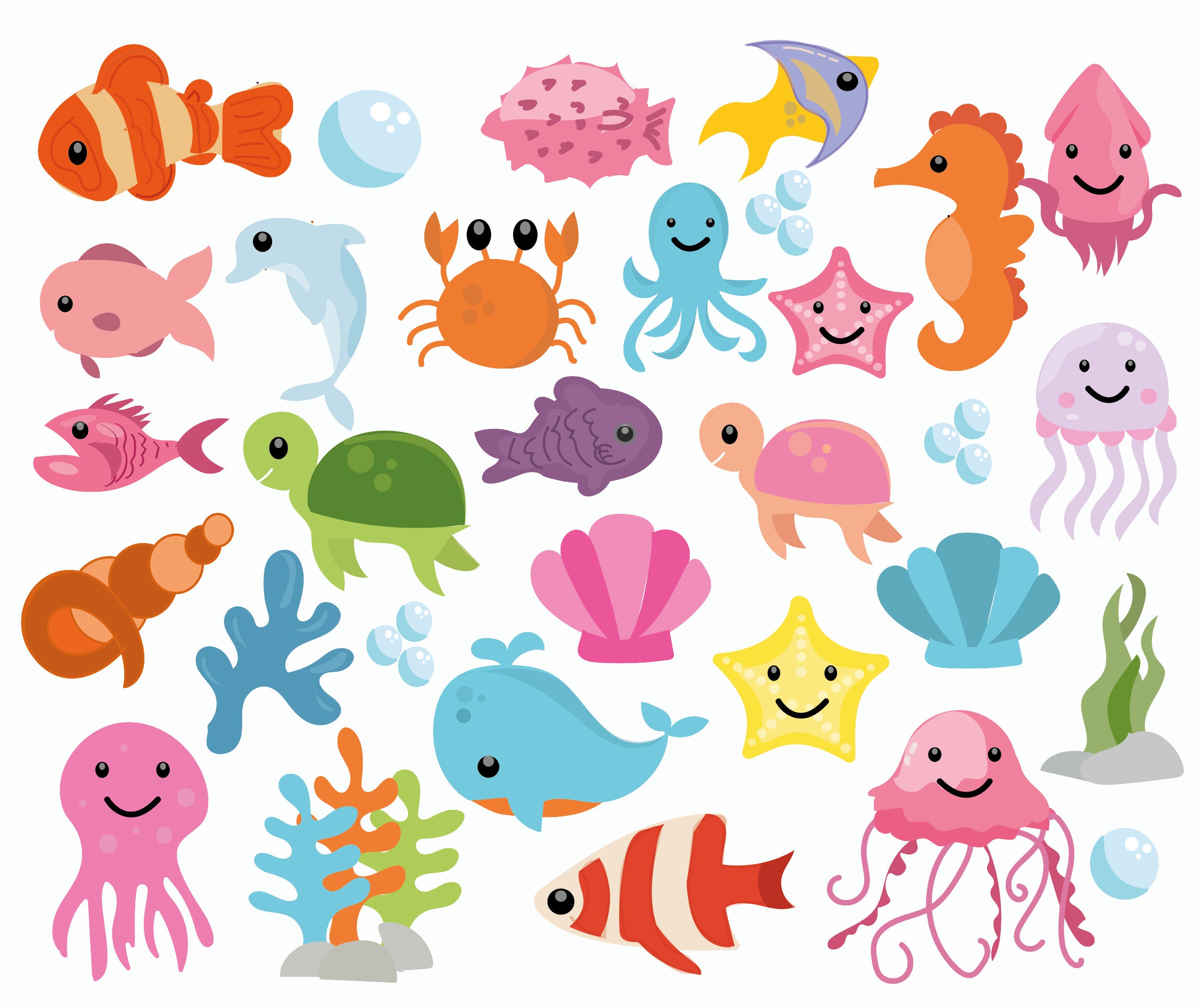 Ocean Life Clipart Set - Cute Sea Animals for Stickers, Crafts, and ...