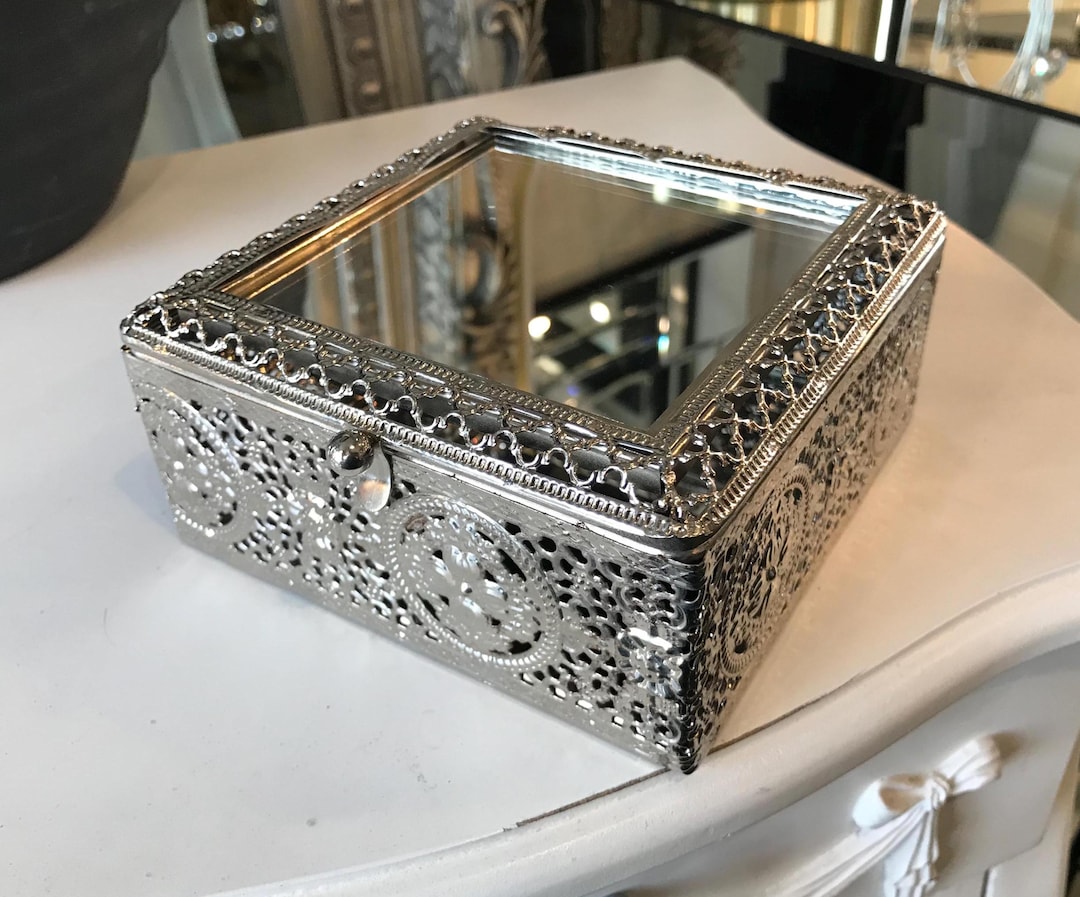 Embossed Square Jewellery Box Moroccan Champagne Silver Metal Antique ...