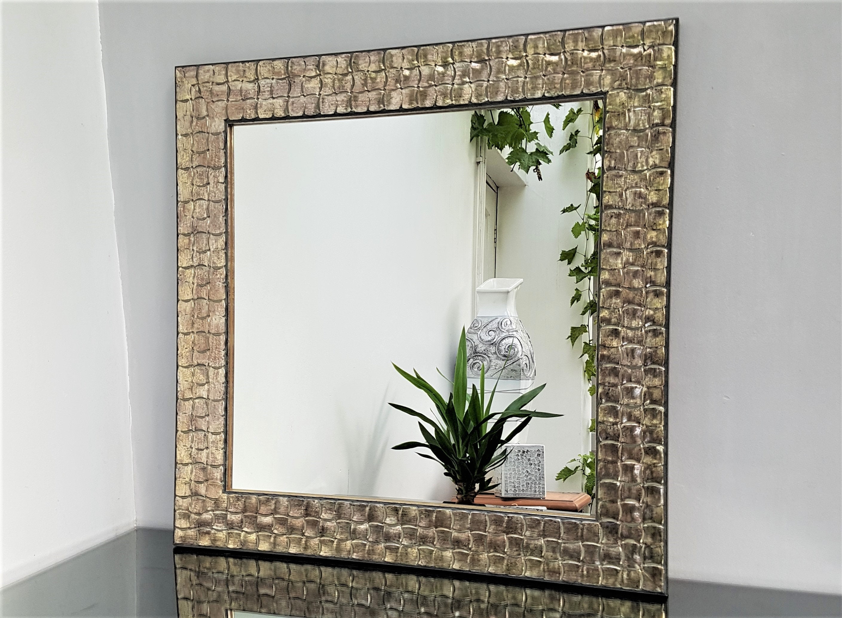 Square Antique Mosaic Design Wall Mirror Wood Champagne Silver Style ...