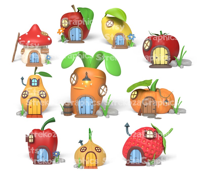 Big Set of 3D Cute Cartoon Houses. Fruit and Veggie Houses. - Etsy