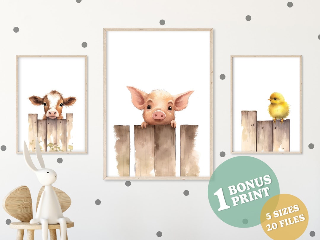 Baby Farm Animal, Set of 3 Printable Wall Art, Digital Art for Nursery ...