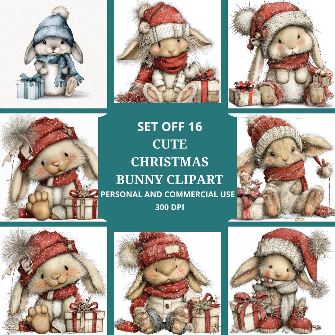 Christmas Bunny Clipart, Watercolor Holiday Illustrations, Festive ...