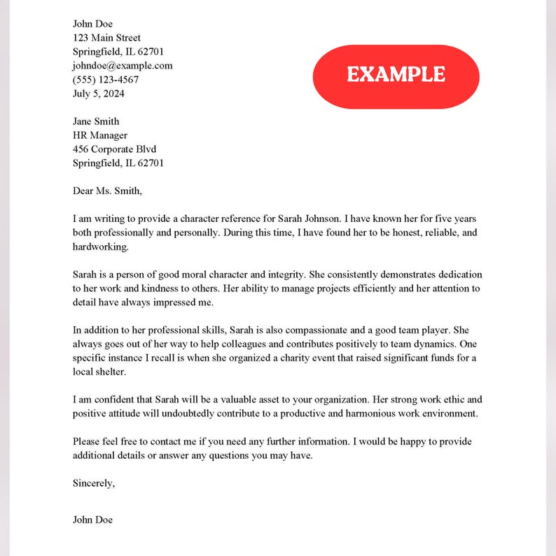 Character Reference Letter Template | Job Recommendation Letter ...