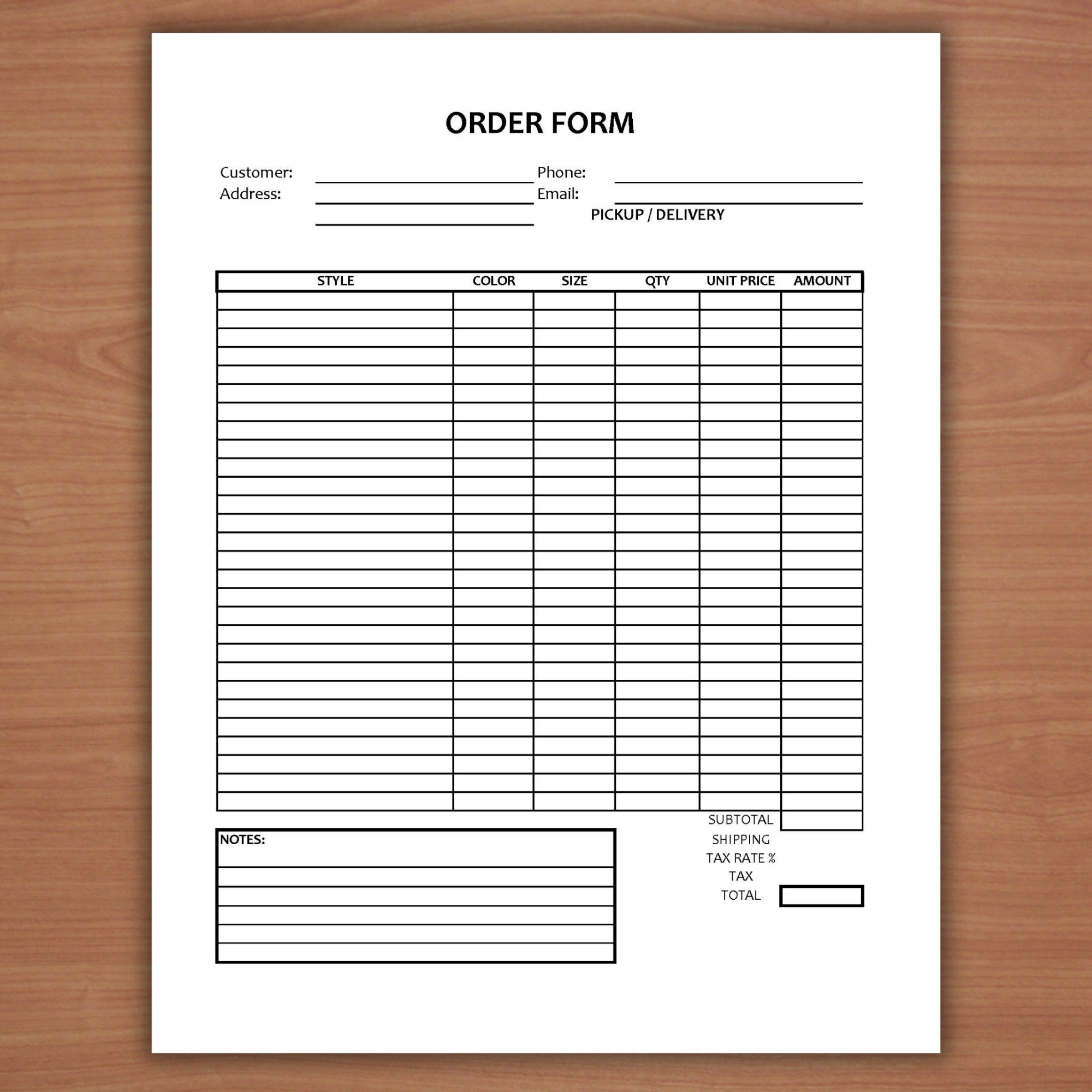 Order Form Template Printable Order Form Purchase Order Form Shirt ...