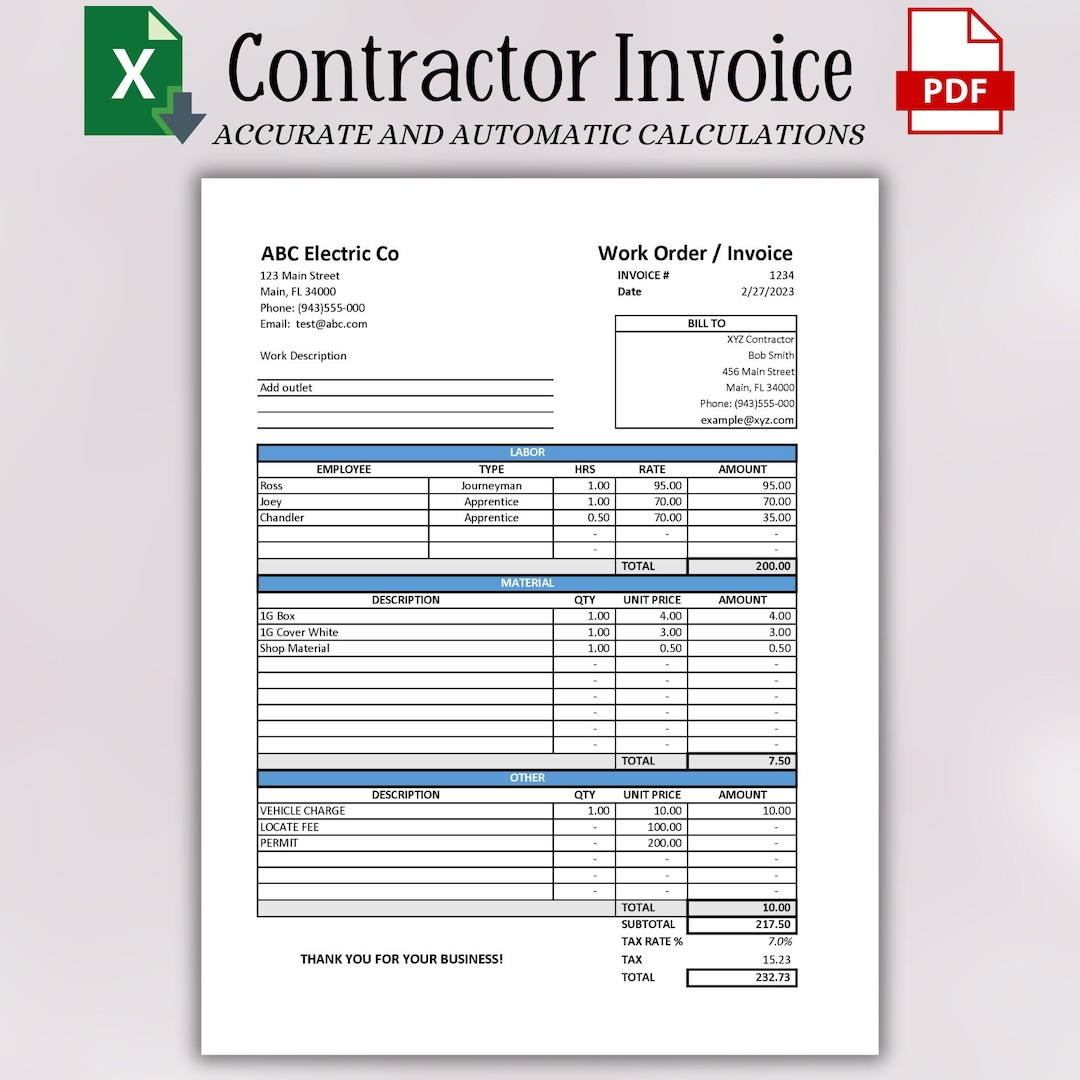 Construction Invoice Template | Contractor/electrician/plumber/hvac ...