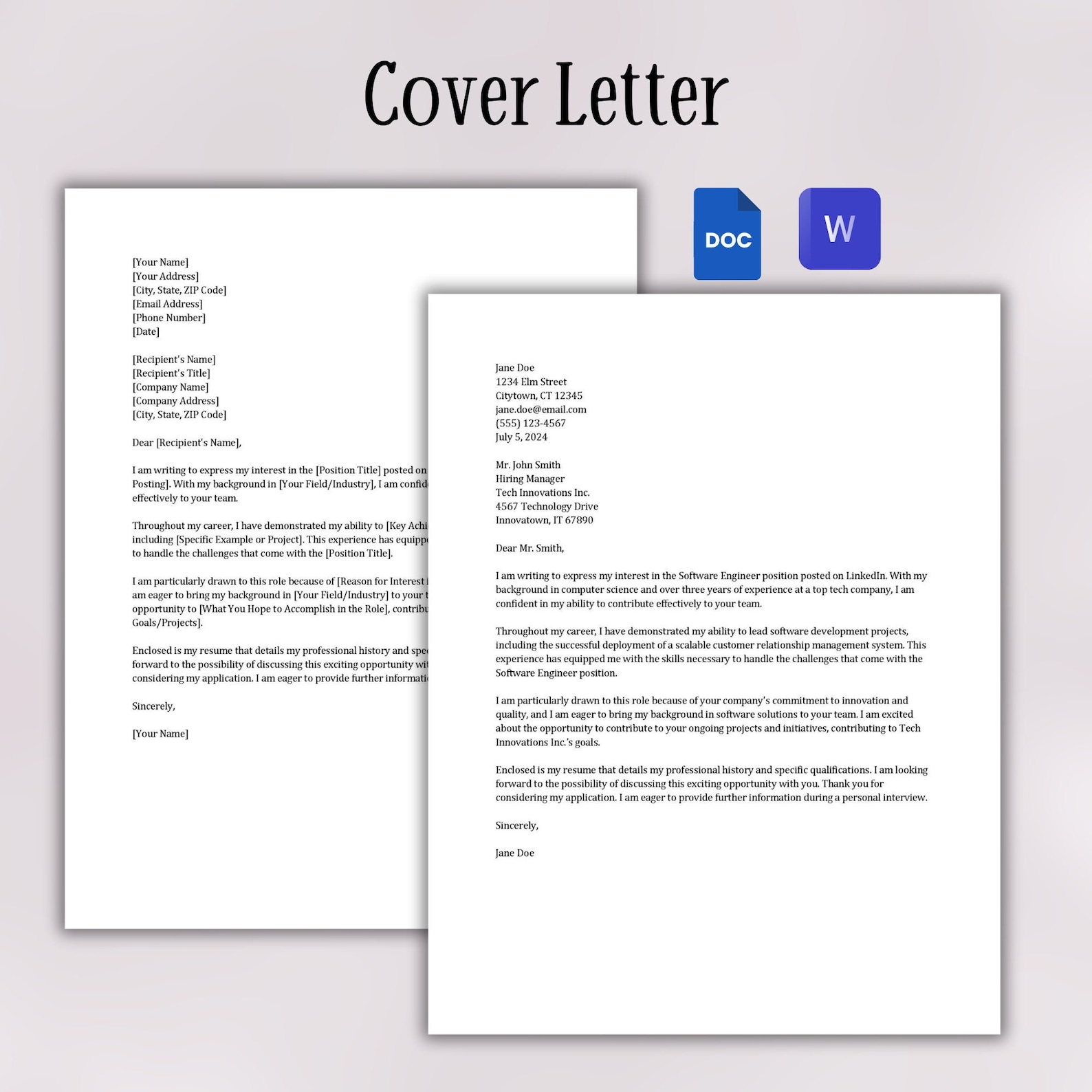 Cover Letter Template in Microsoft Word and Google Docs | Example Cover ...