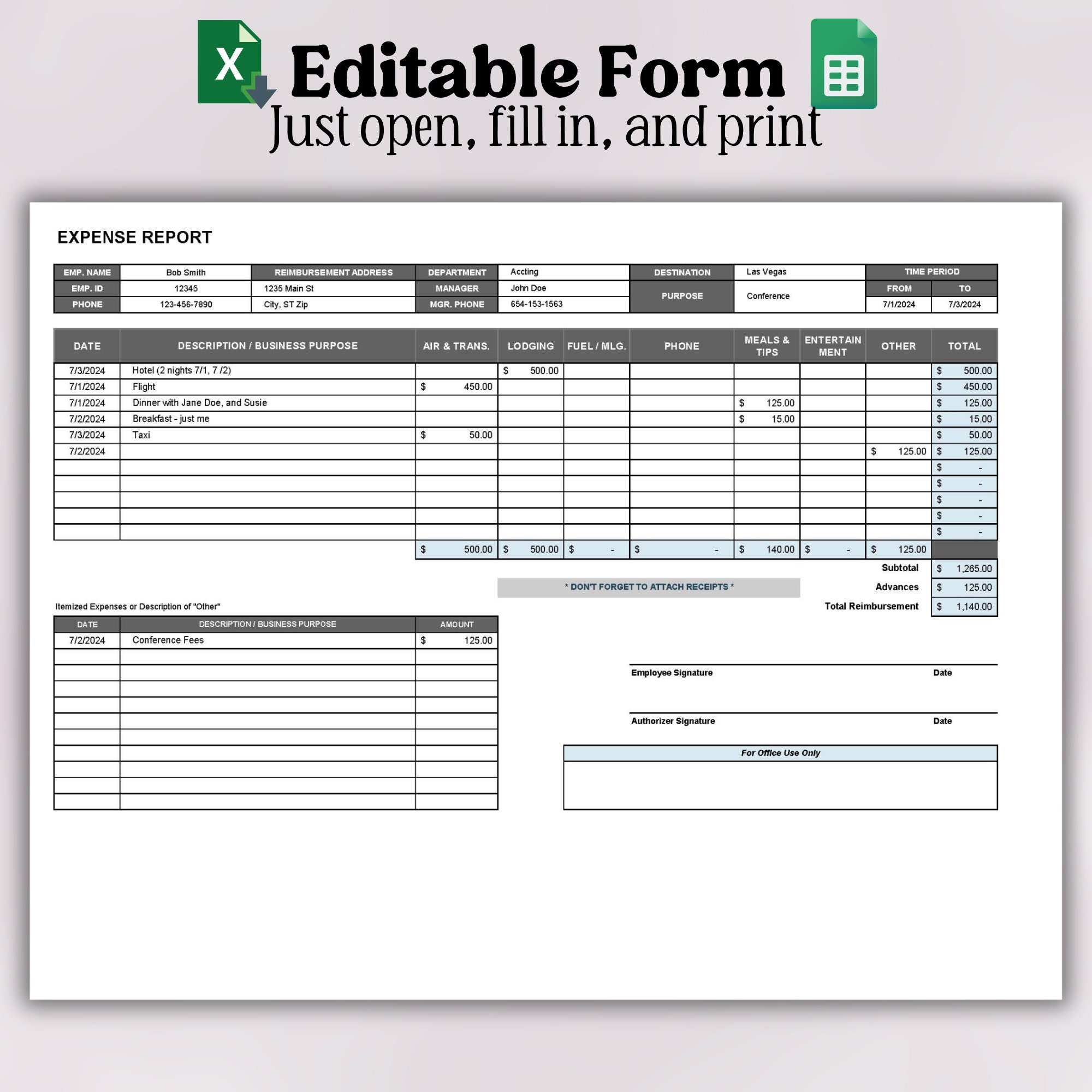 Editable Excel Spreadsheet Employee Reimbursement Form HR Template ...