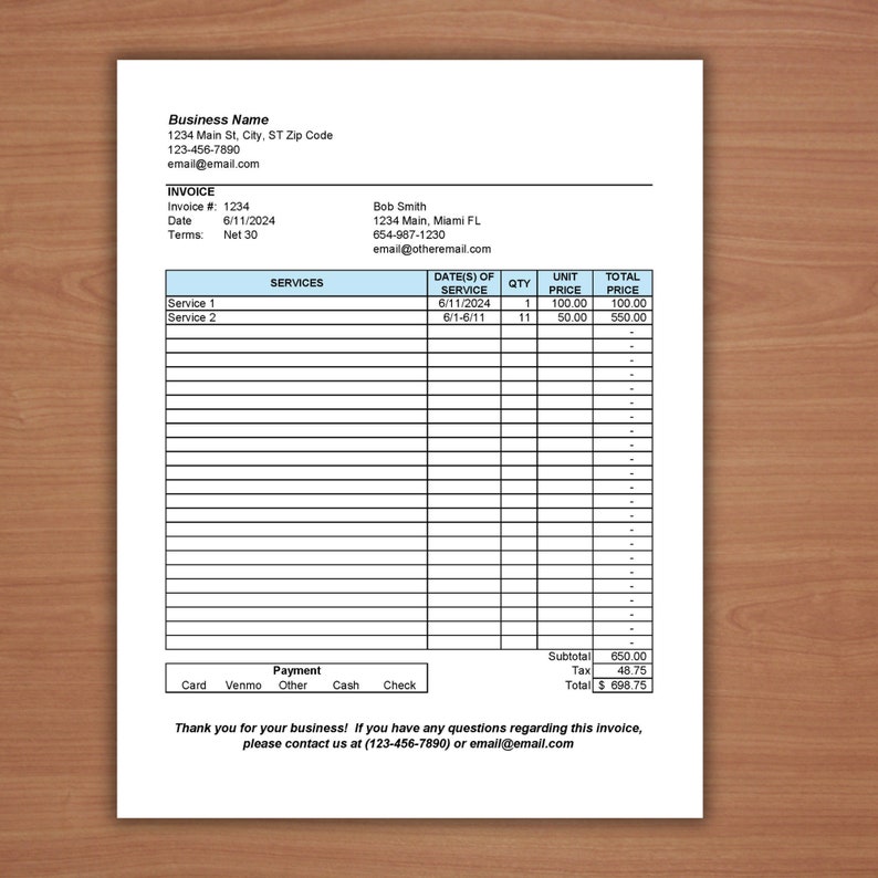 Editable Invoice Template Custom Order Invoice Form Excel Invoice ...