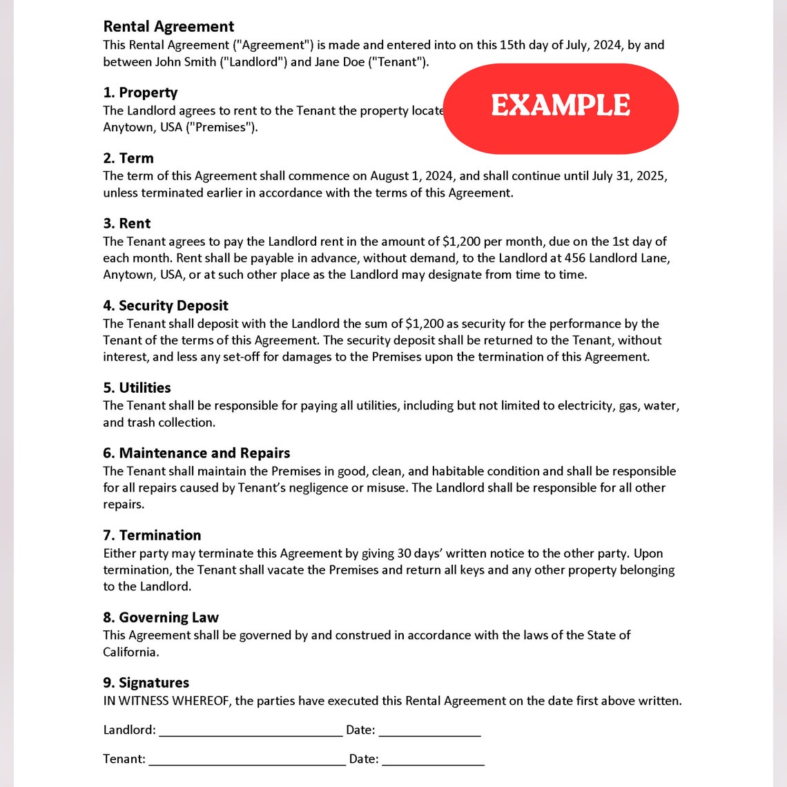 Simple Rental Agreement Template Residential Lease Printable Lease ...