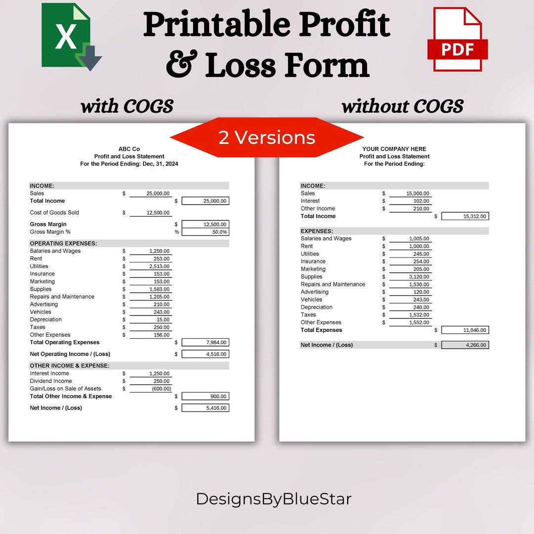 Printable Profit and Loss Form | Profit and Loss Statement Template ...