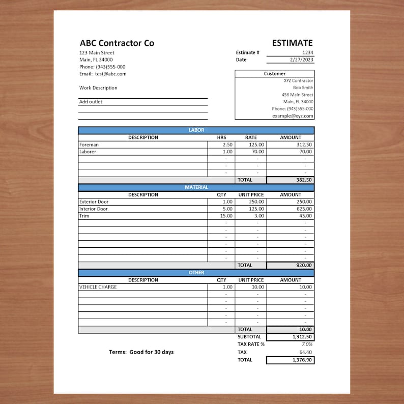 Contractor Estimate Template General Contractor Construction Estimate ...