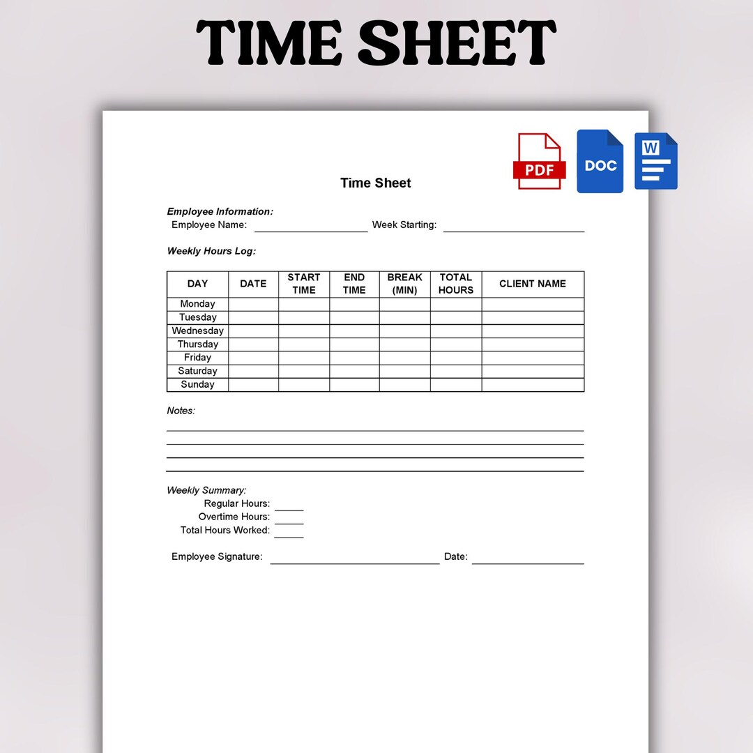 Printable Employee Time Sheet | Simple Time Sheet | Employee Hours ...