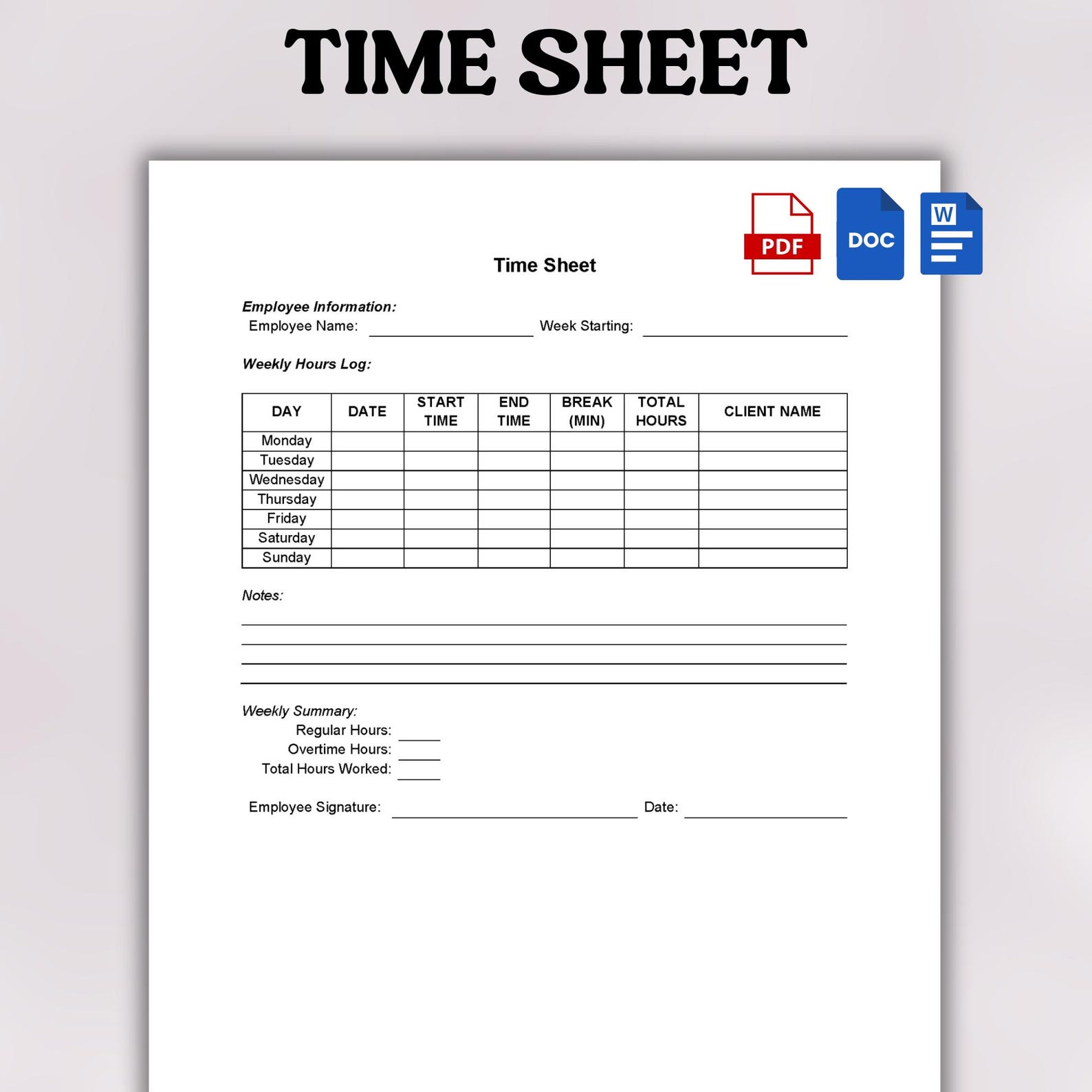 Printable Employee Time Sheet | Simple Time Sheet | Employee Hours ...