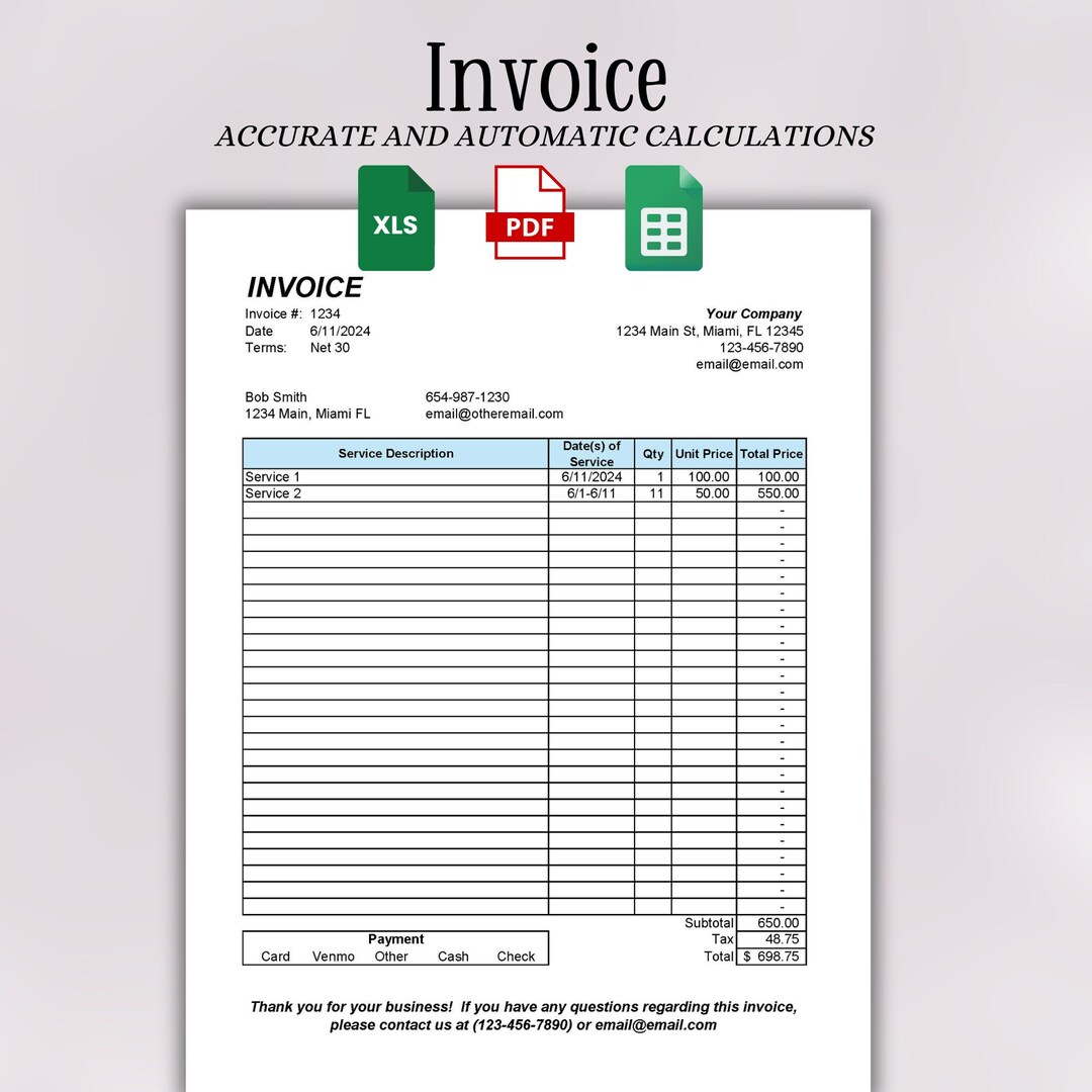 Modelo de fatura editável Formulário de fatura de pedido personalizado Fatura Excel Faturas do ...