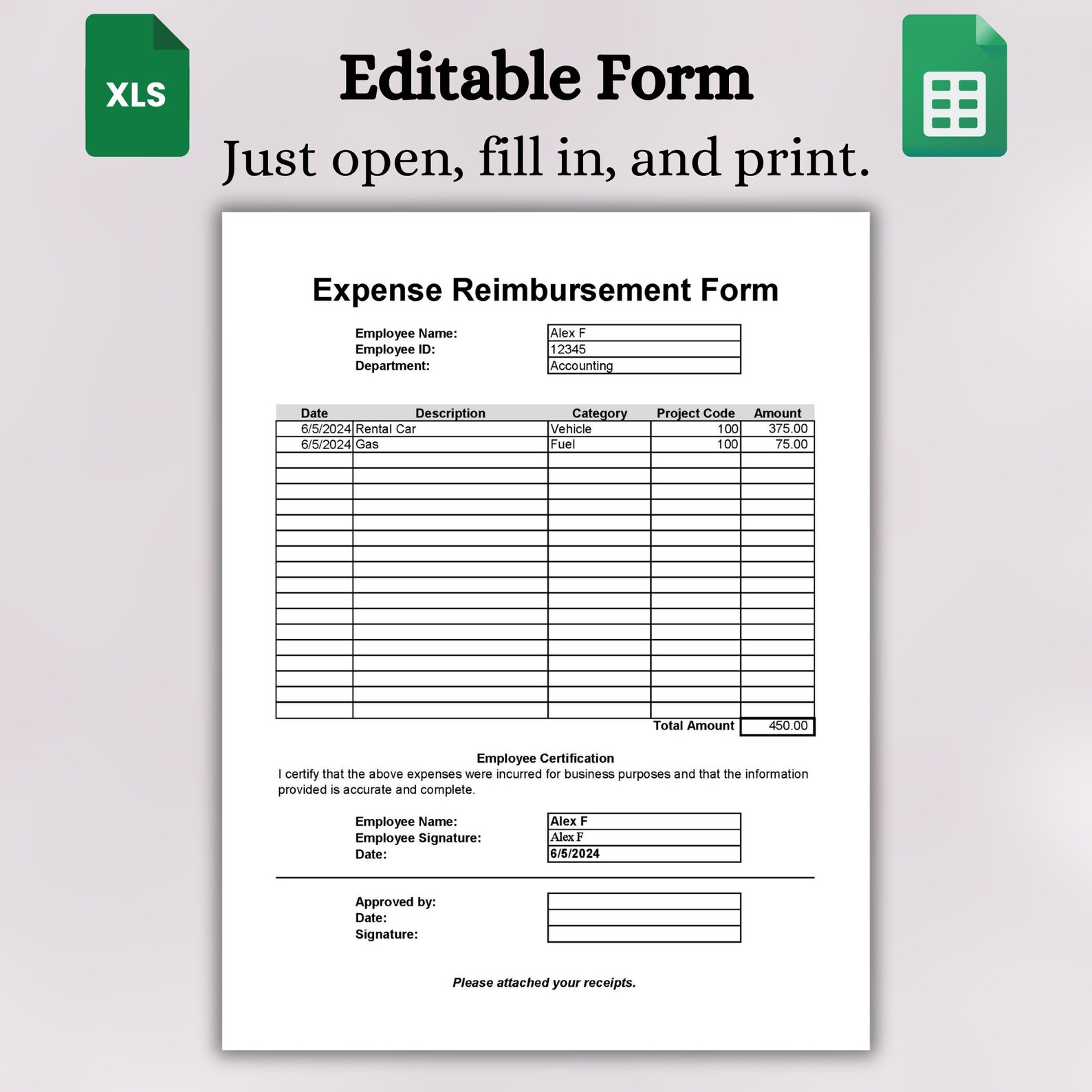 Editable Excel Spreadsheet | Employee Reimbursement Form | HR Template | Payroll Document ...