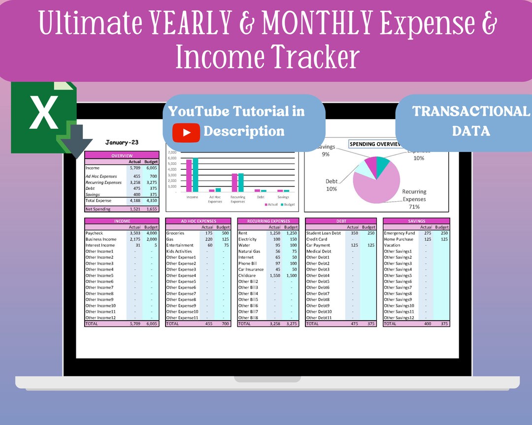 Excel Budget Template Monthly Budget Spreadsheet Digital Budget Planner ...