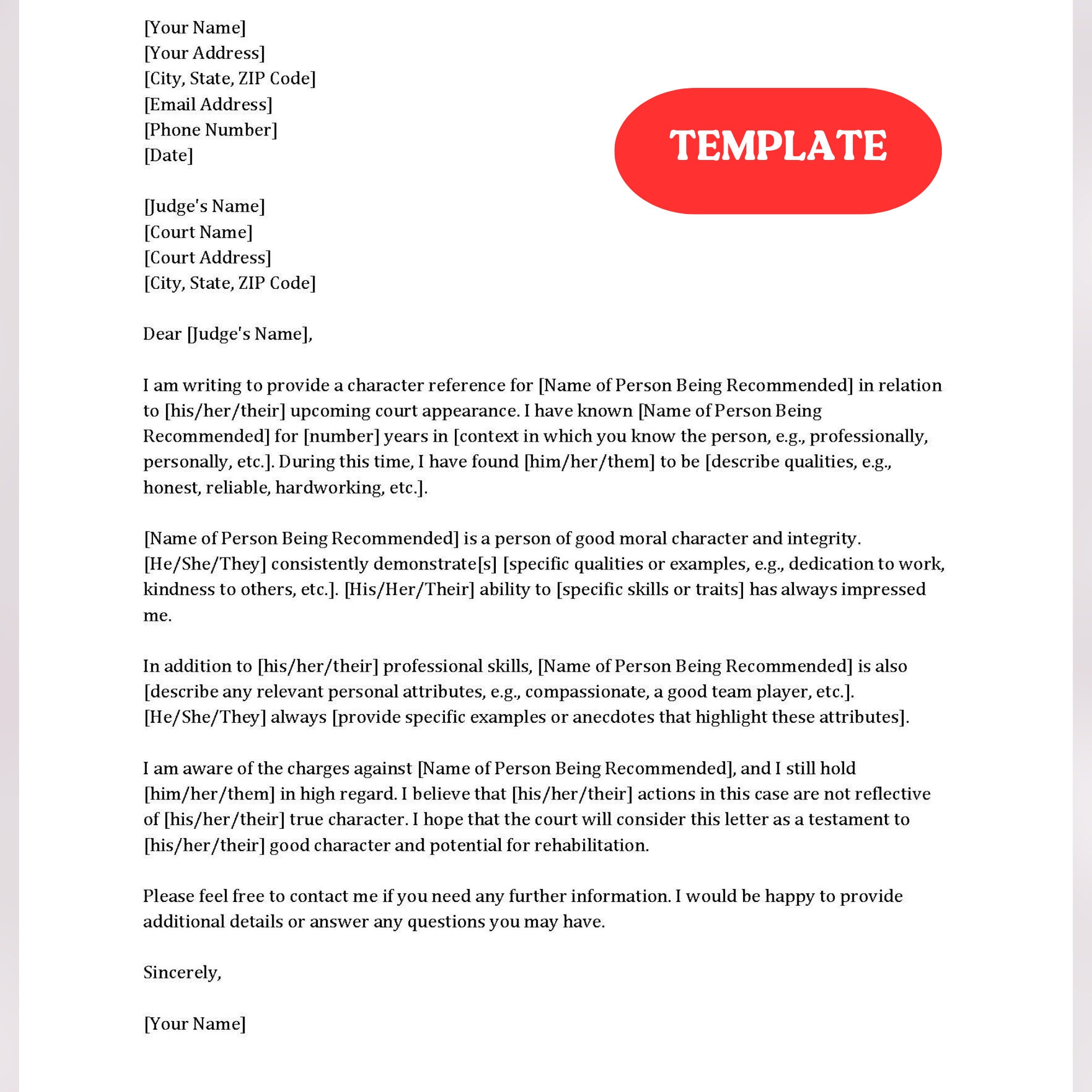 Character Reference Letter | Court Character Letter | Character ...