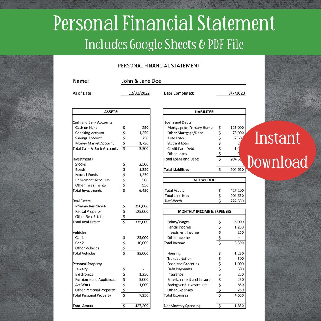 Editable Personal Financial Statement Google Sheets Template ...
